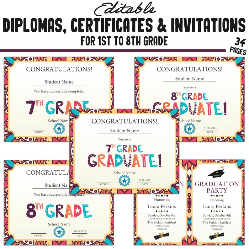 Editable 8th Grade Diplomas, 1st-8th Grade Certificates, and Invitation ...