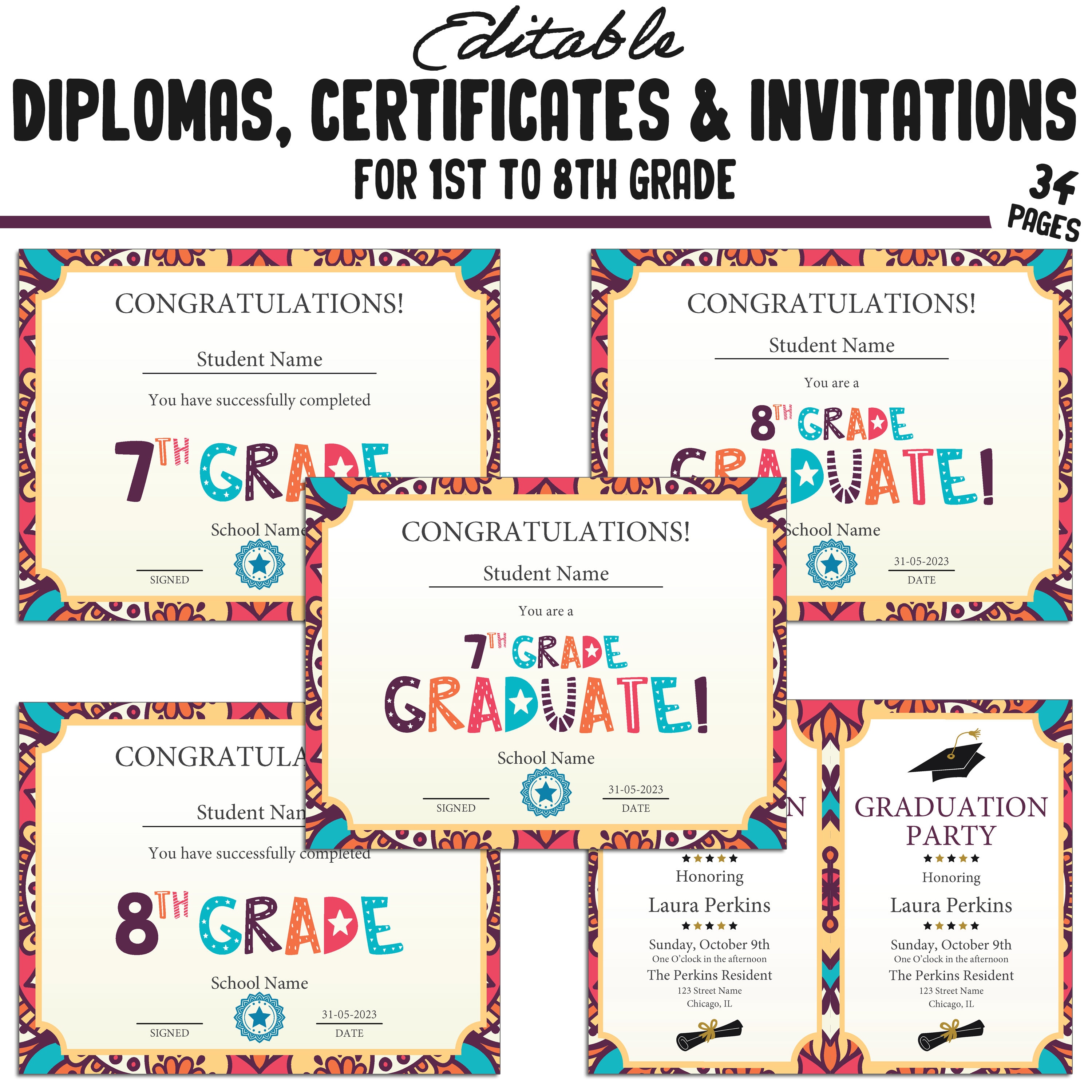 Editable 8th Grade Diplomas, 1st-8th Grade Certificates, and Invitation ...