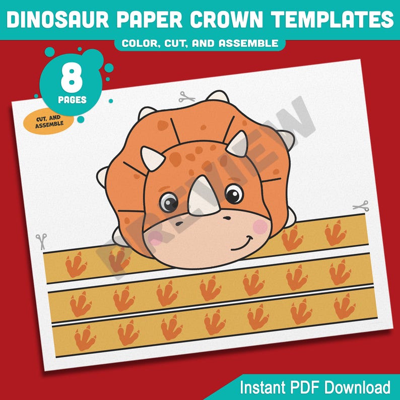 Dinosaur Paper Crown Templates – Printable Headband and Hat Craft for ...