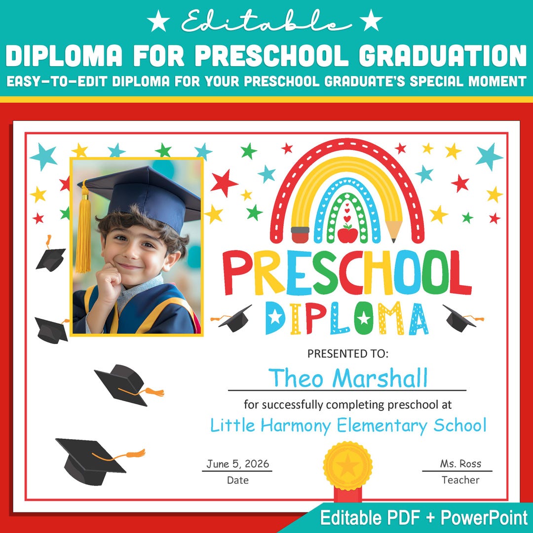 Editable Preschool Diploma With Photo: Graduation Certificate Template ...