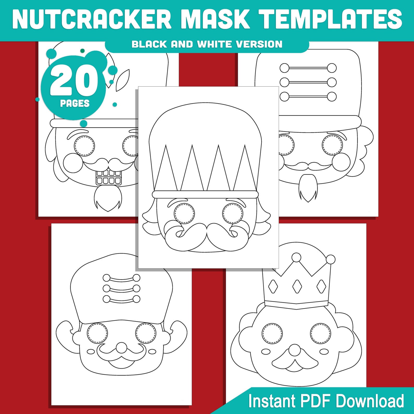Printable Nutcracker Mask Templates: 10 Designs, Pre-colored +black ...
