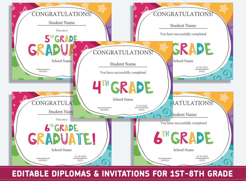 Editable First Grade Award Certificates, 1st to 8th Grade Diploma ...