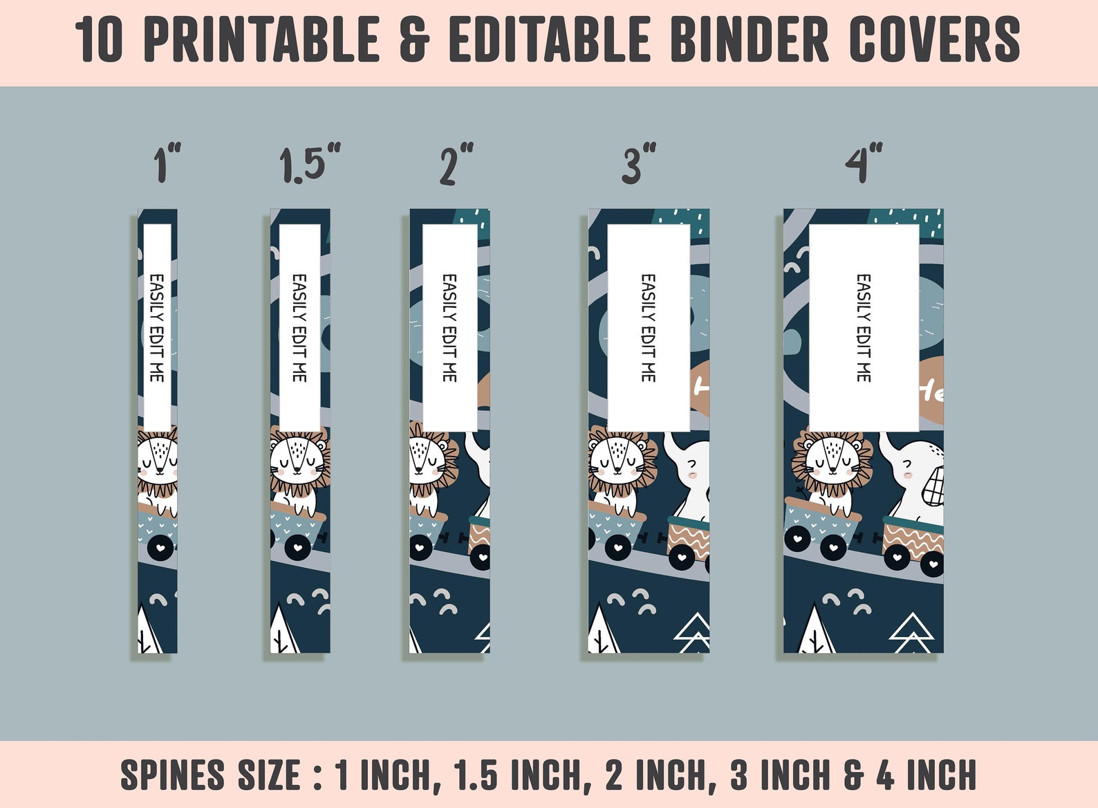 Cute Animal Binder Cover, 10 Printable & Editable Binder Covers Spines ...