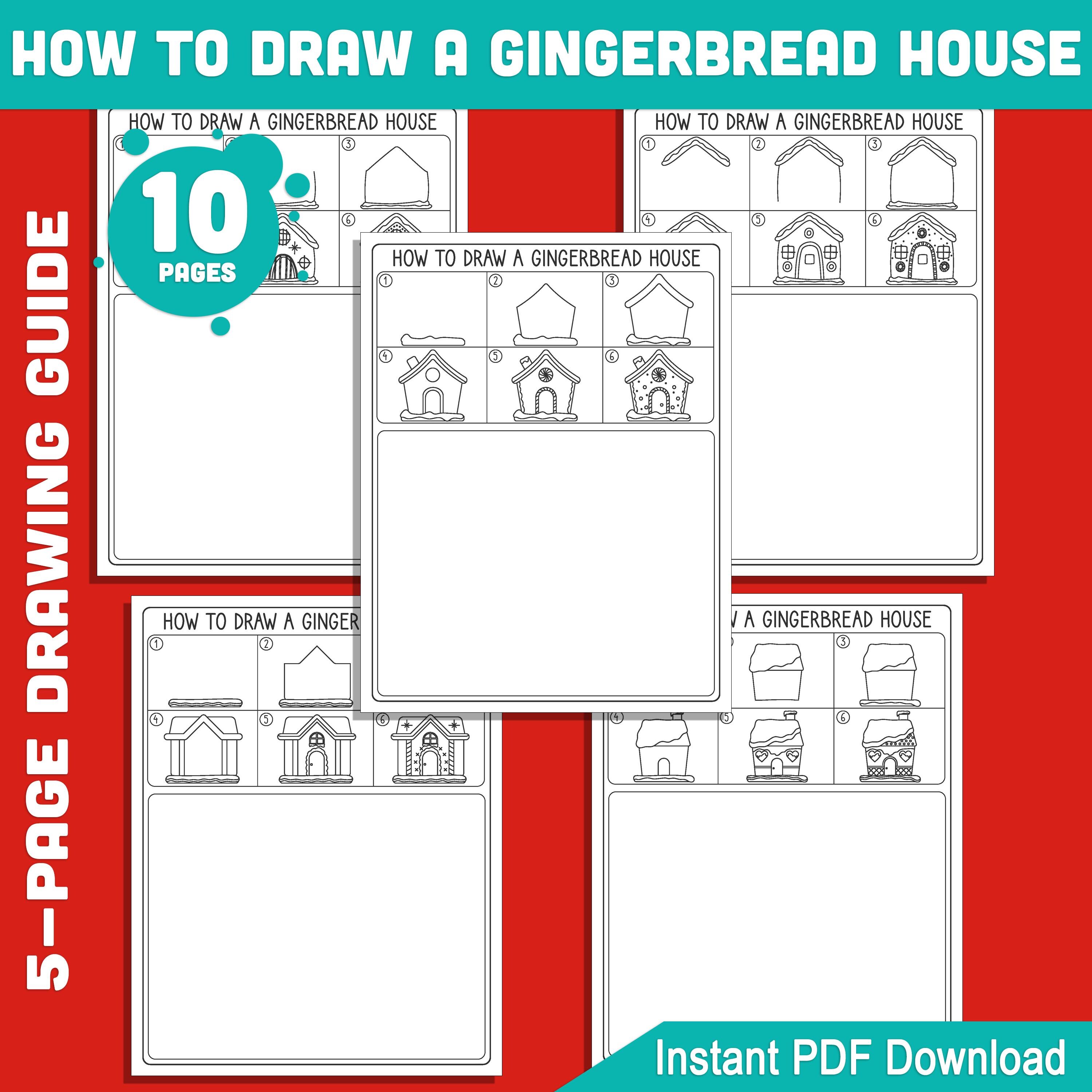 How to Draw a Gingerbread House for Kids: 5-page Step-by-step Tutorial ...