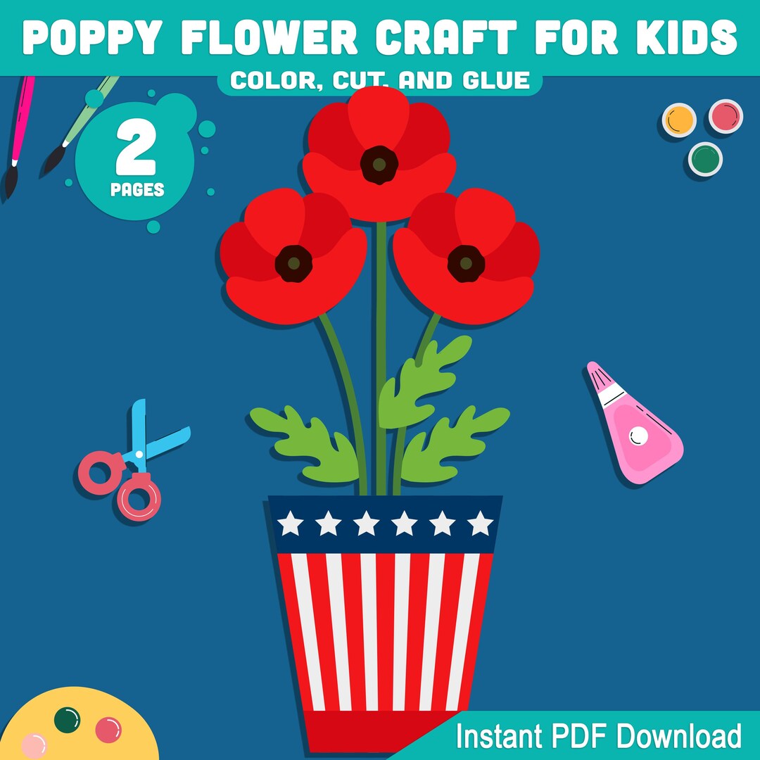 Poppy Flower Craft for Kids, Color, Cut and Glue for Veterans ...