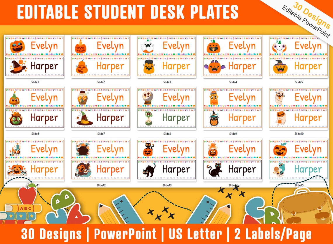 Student Desk Plates 30 Printable/editable Halloween Classroom Name Tags ...