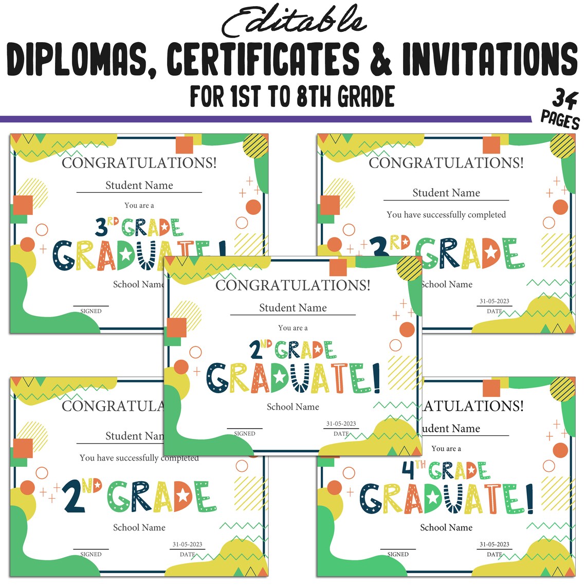 34 Editable First Grade Diplomas, 1st-8th Grade Certificates, Diplomas ...