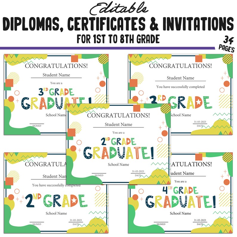 34 Editable First Grade Diplomas, 1st-8th Grade Certificates, Diplomas ...