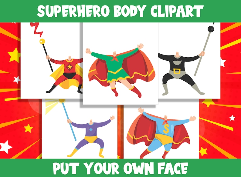 Superhero Kids Body Clipart Templates – Add Your Face to 20 Fun Hero ...