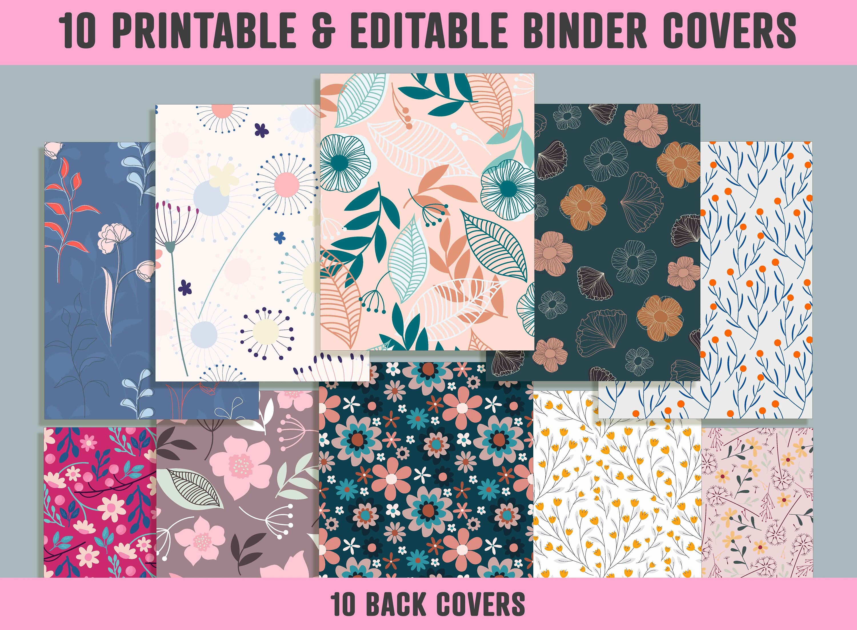 Stylist Floral and Flower Binder Cover, 10 Printable & Editable Binder ...