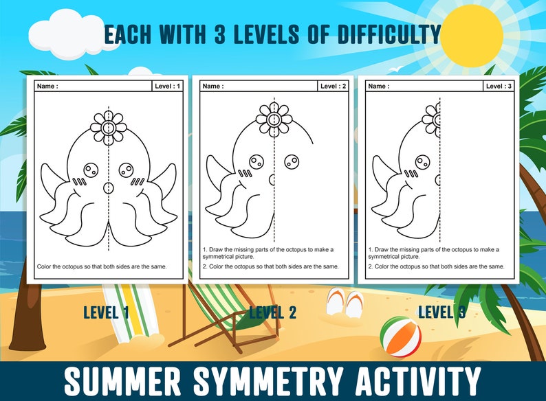 Summer Symmetry Worksheet, Summer Theme Lines of Symmetry Activity, 24 ...