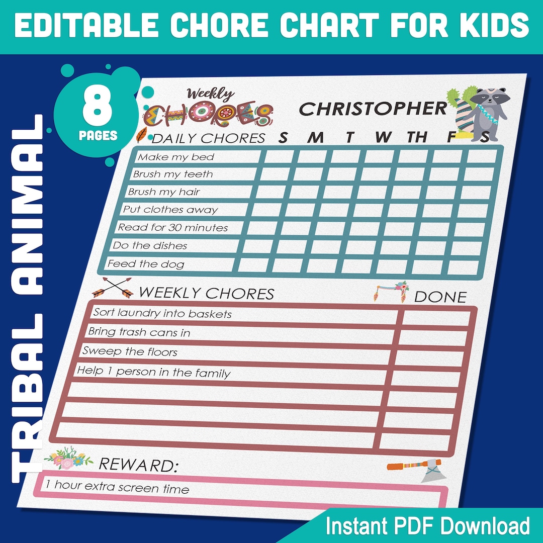 Tribal Animal Chore Chart for Kids: Printable and Editable ...