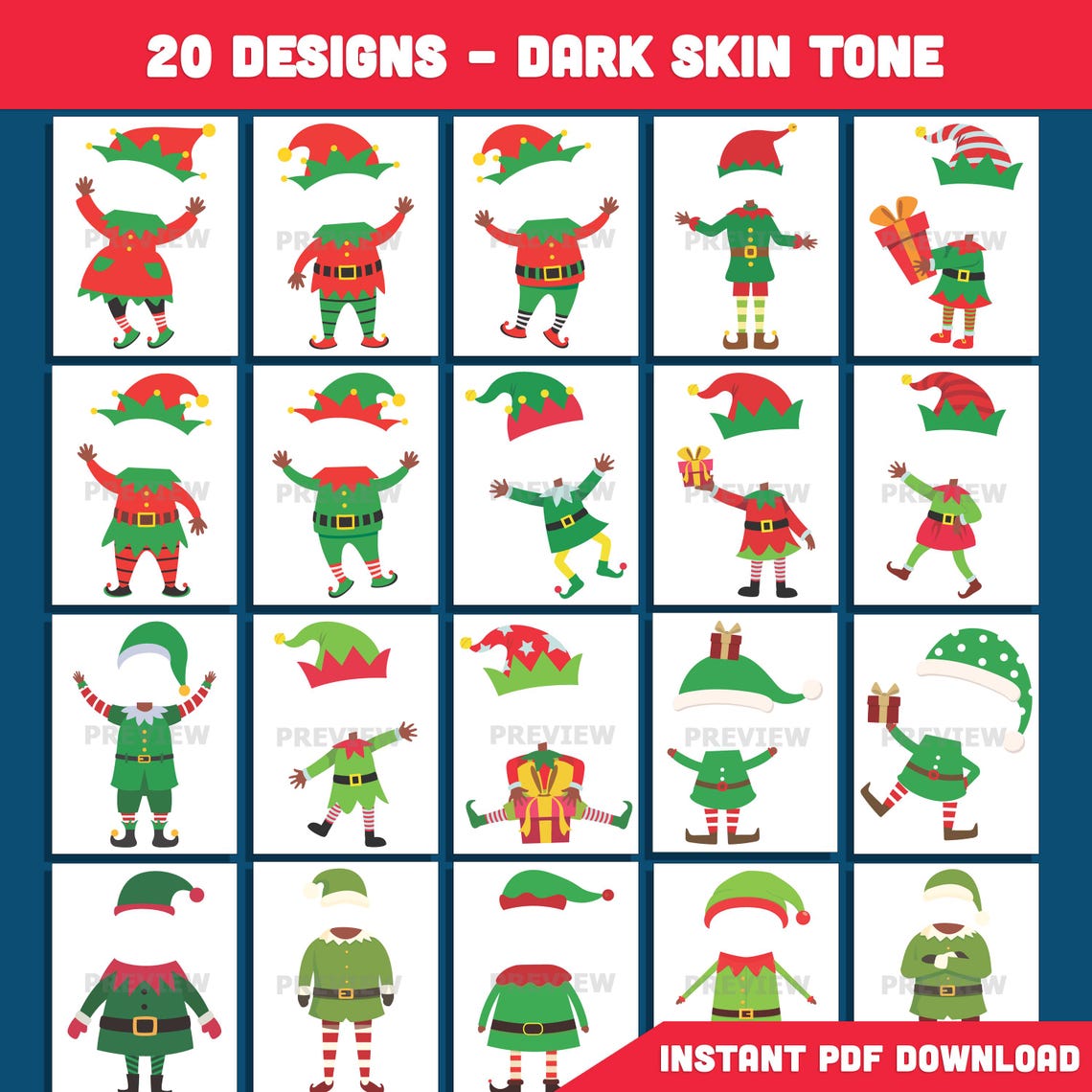 Printable Christmas Elf Body Templates, 20 Designs in Light and Dark ...