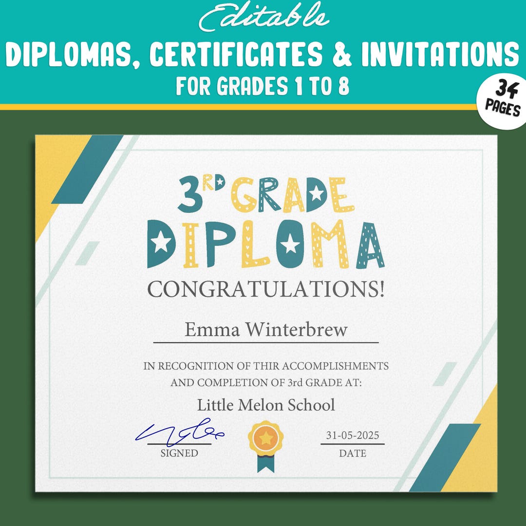 Editable 3rd Grade Graduation, 1st to 8th Grade Diploma, Certificate of ...
