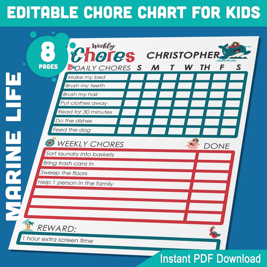 Marine Life Chore Chart for Kids: Printable and Editable Responsibility ...