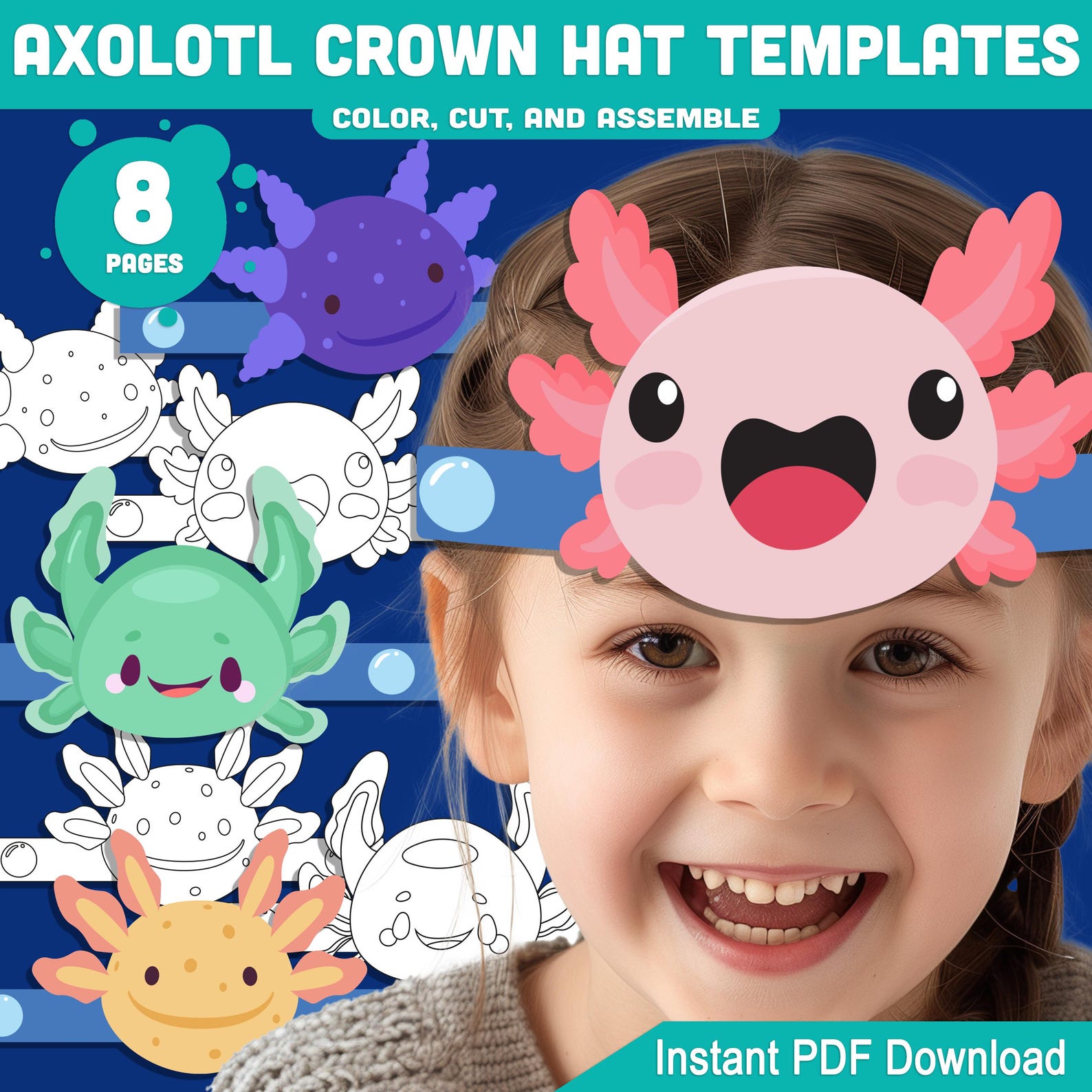 Axolotl Crown Hat Templates, 8 Printable Headband Pages in Pre-colored ...
