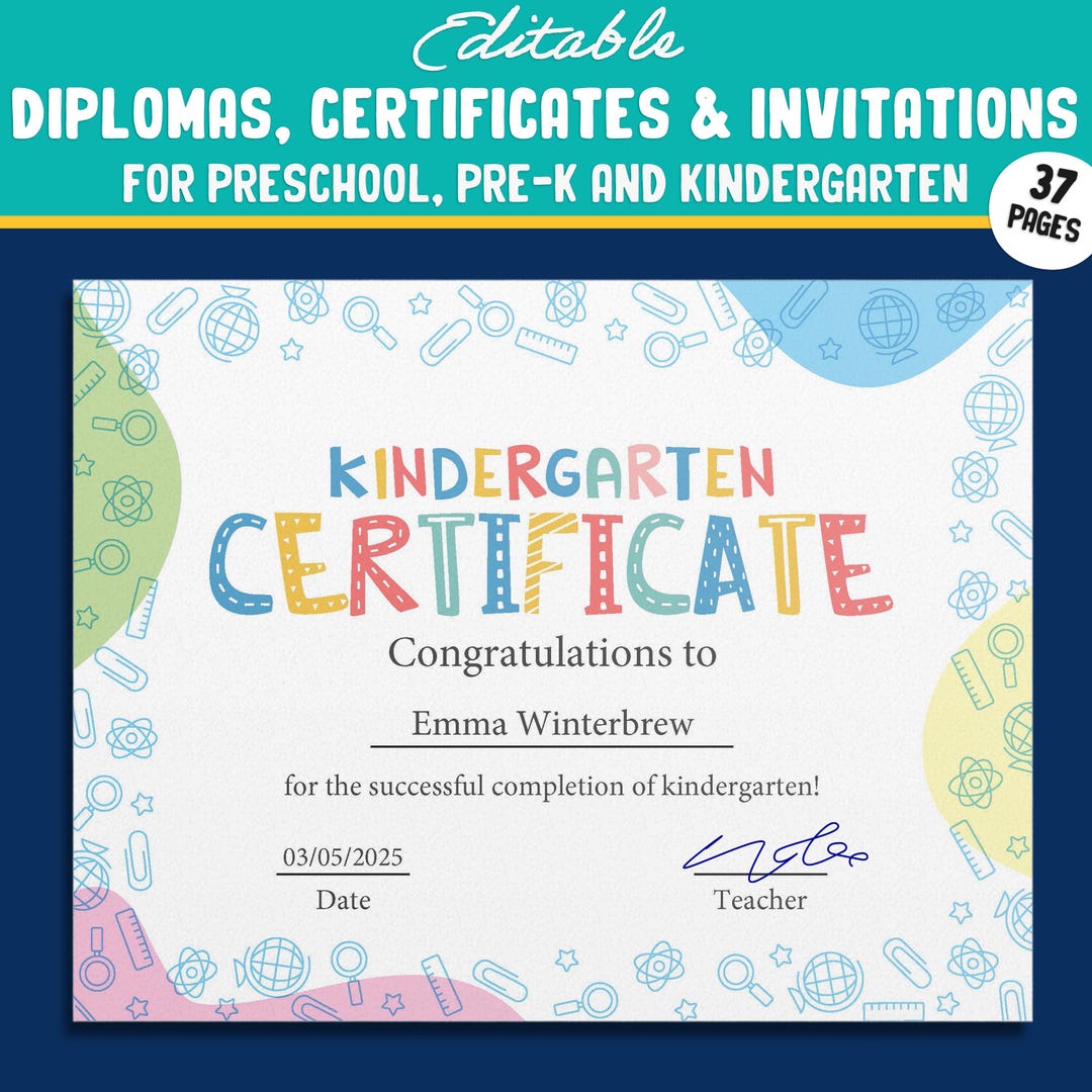 Kindergarten Certificates Completion Diploma and Invitations, Editable ...