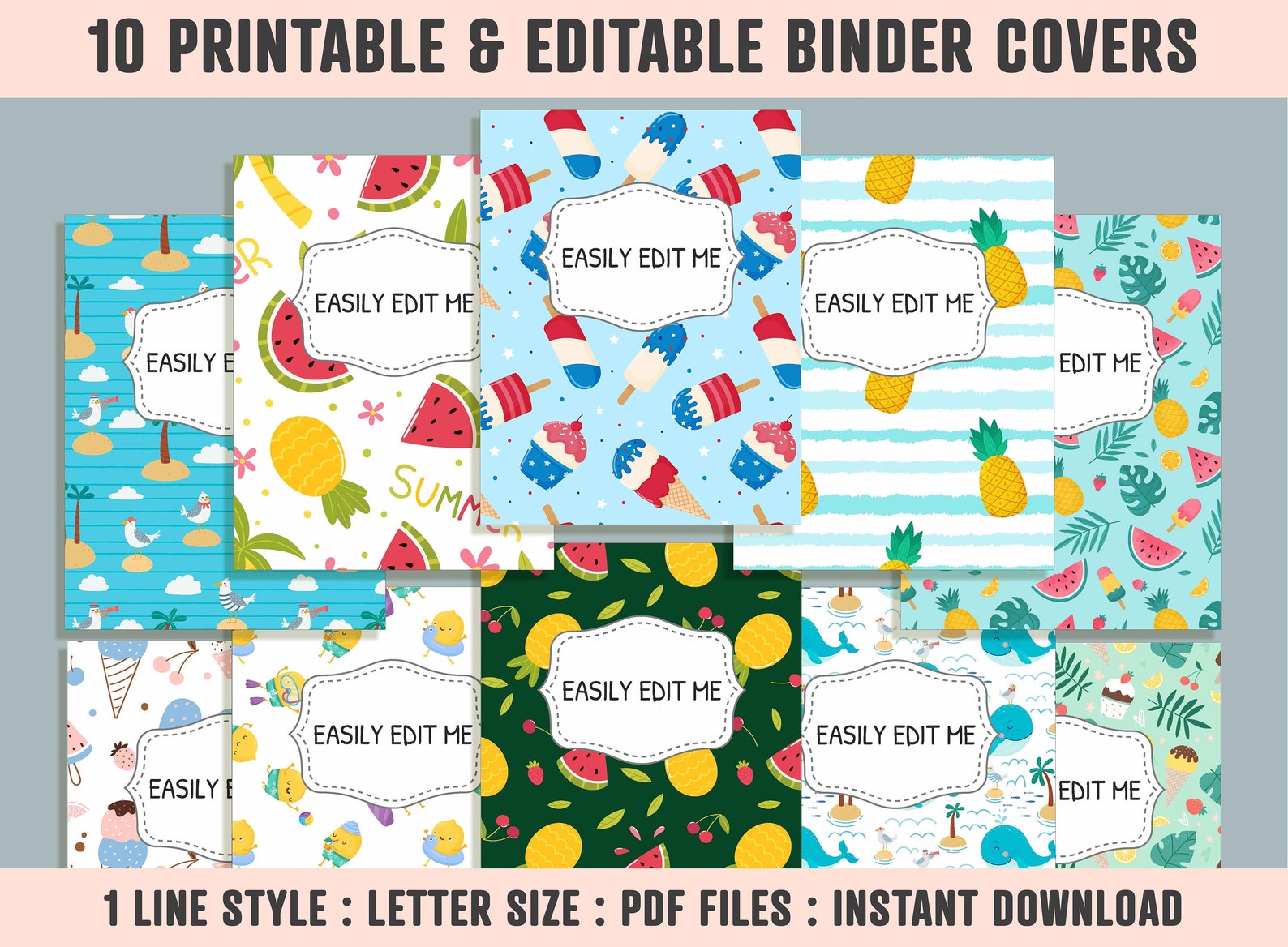 Summer Pattern Binder Cover, 10 Printable/editable Binder Covers ...