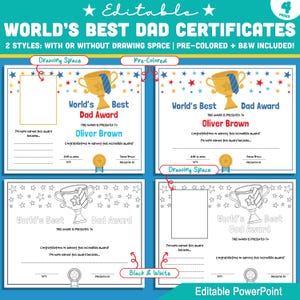Editable World’s Best Dad Certificates – Pre-colored + Black & White ...