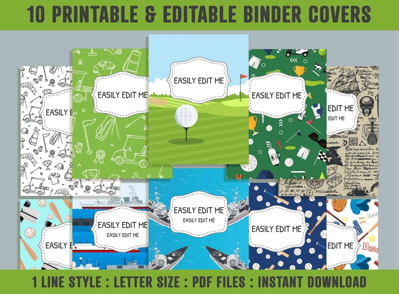 Golf, Marine and Baseball Binder Cover, 10 Printable & Editable Binder ...