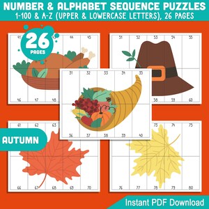 Autumn Number and Alphabet Sequence Puzzles: 1-100 and A-Z Printable ...