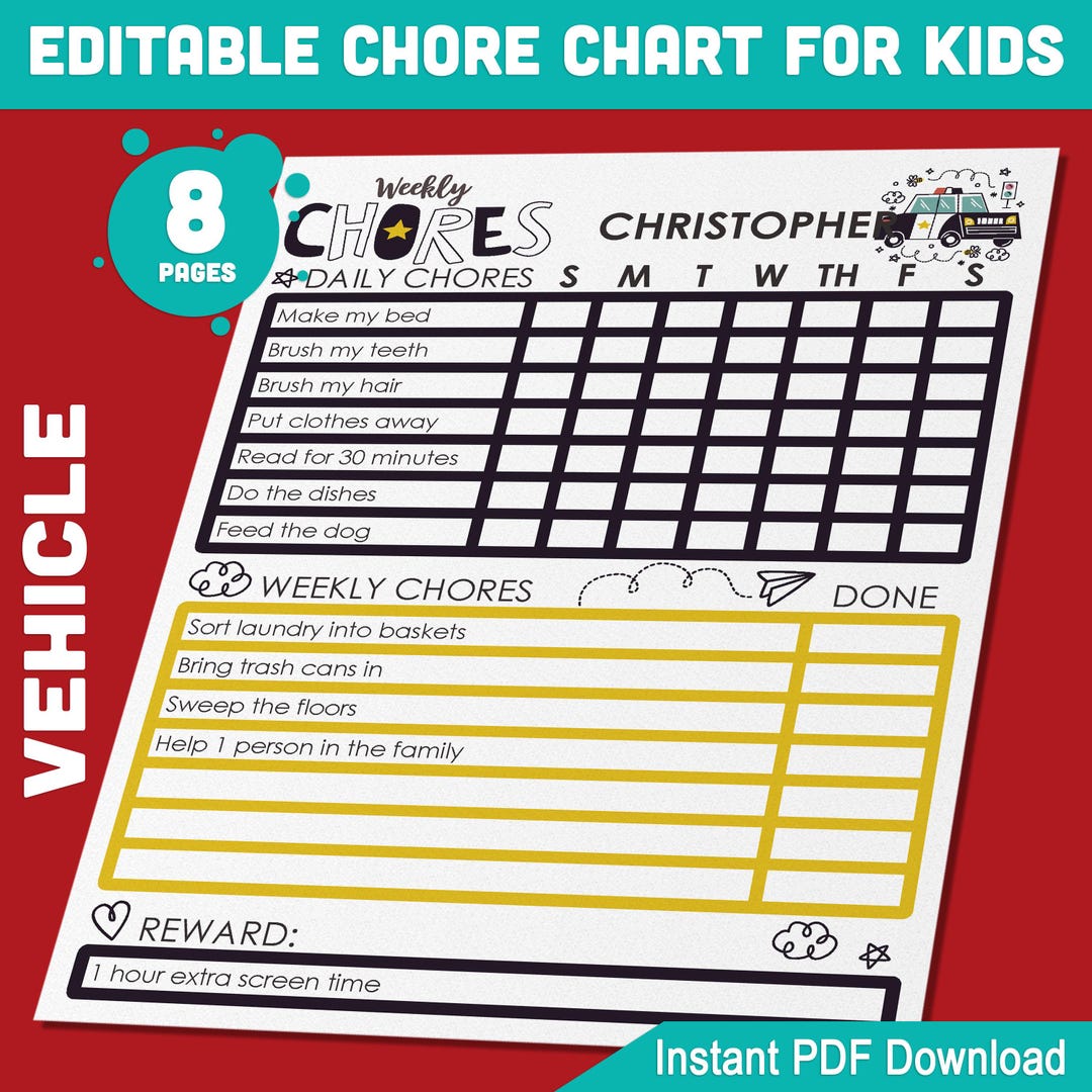 Vehicle-themed Chore Chart for Kids: 8 Printable and Editable ...