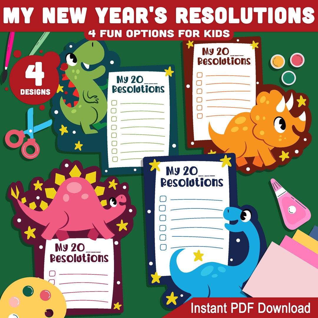 Dinosaur-themed 2026 New Year’s Resolutions: 4 Designs & 4 Fillable ...