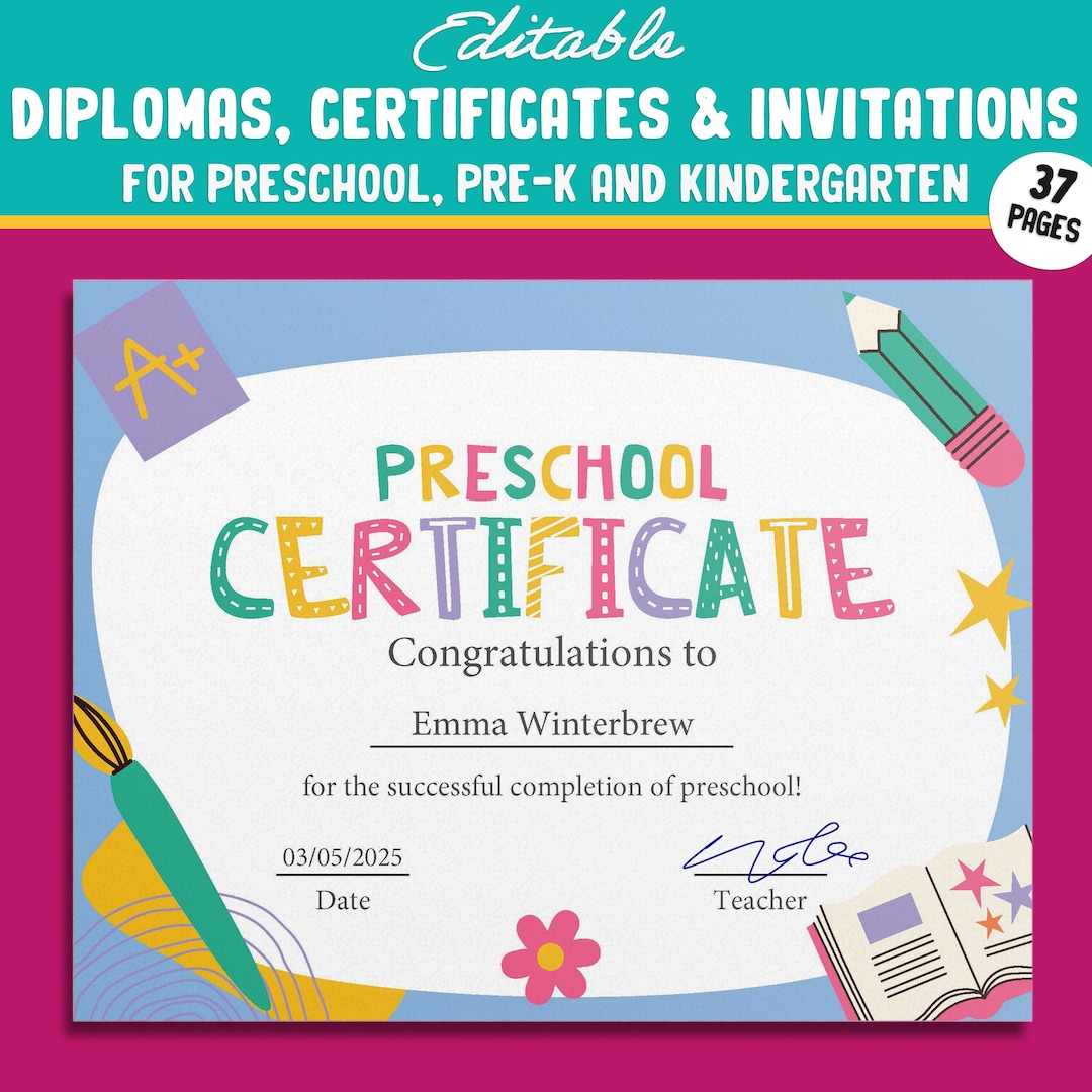 Preschool Certificate End of the Year, Editable Preschool Certificates ...