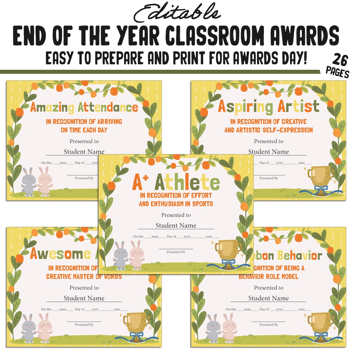 Editable End of Year Awards Certificates, 26 Pages, PDF, Instant ...