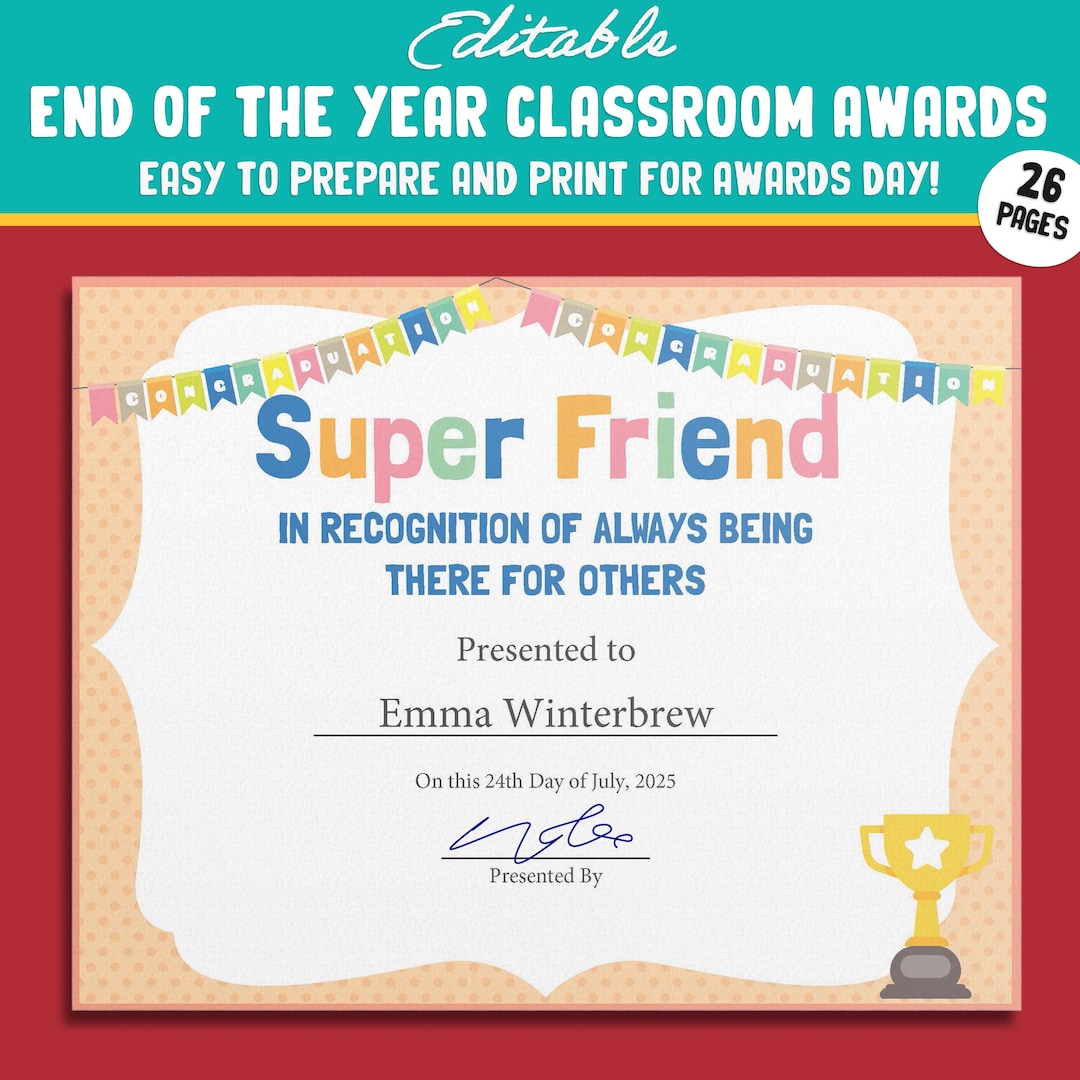 Printable & Editable End of Year Awards Certificates, 26 Pages, PDF ...