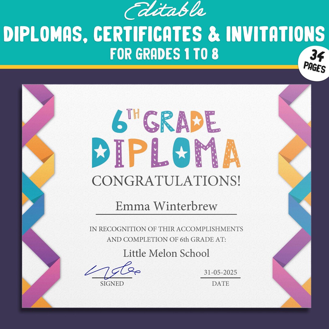 Editable 6th Grade Diploma, 1st to 8th Grade Diploma, Certificate of ...