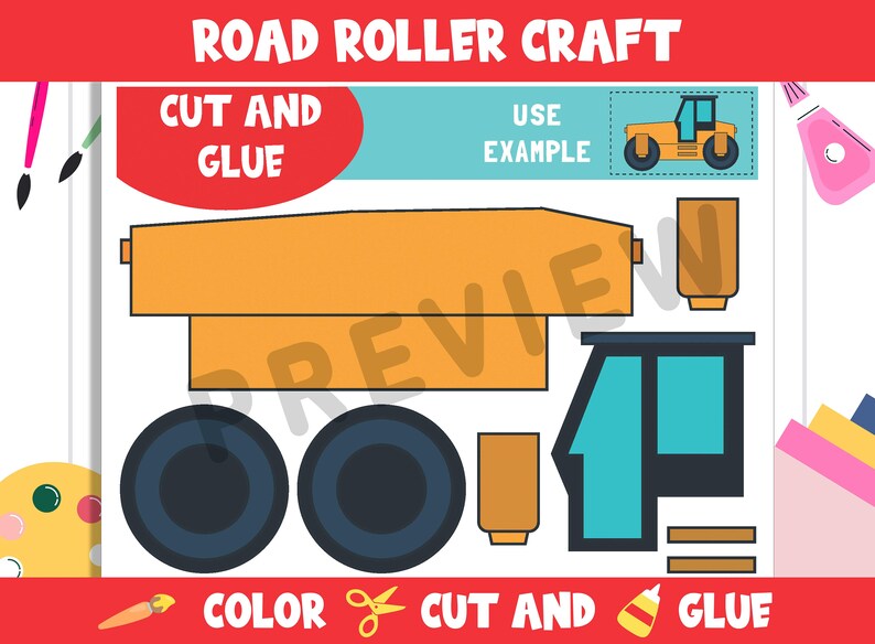 Road Roller Craft Activity - Color, Cut, and Glue for Prek to 2nd Grade ...