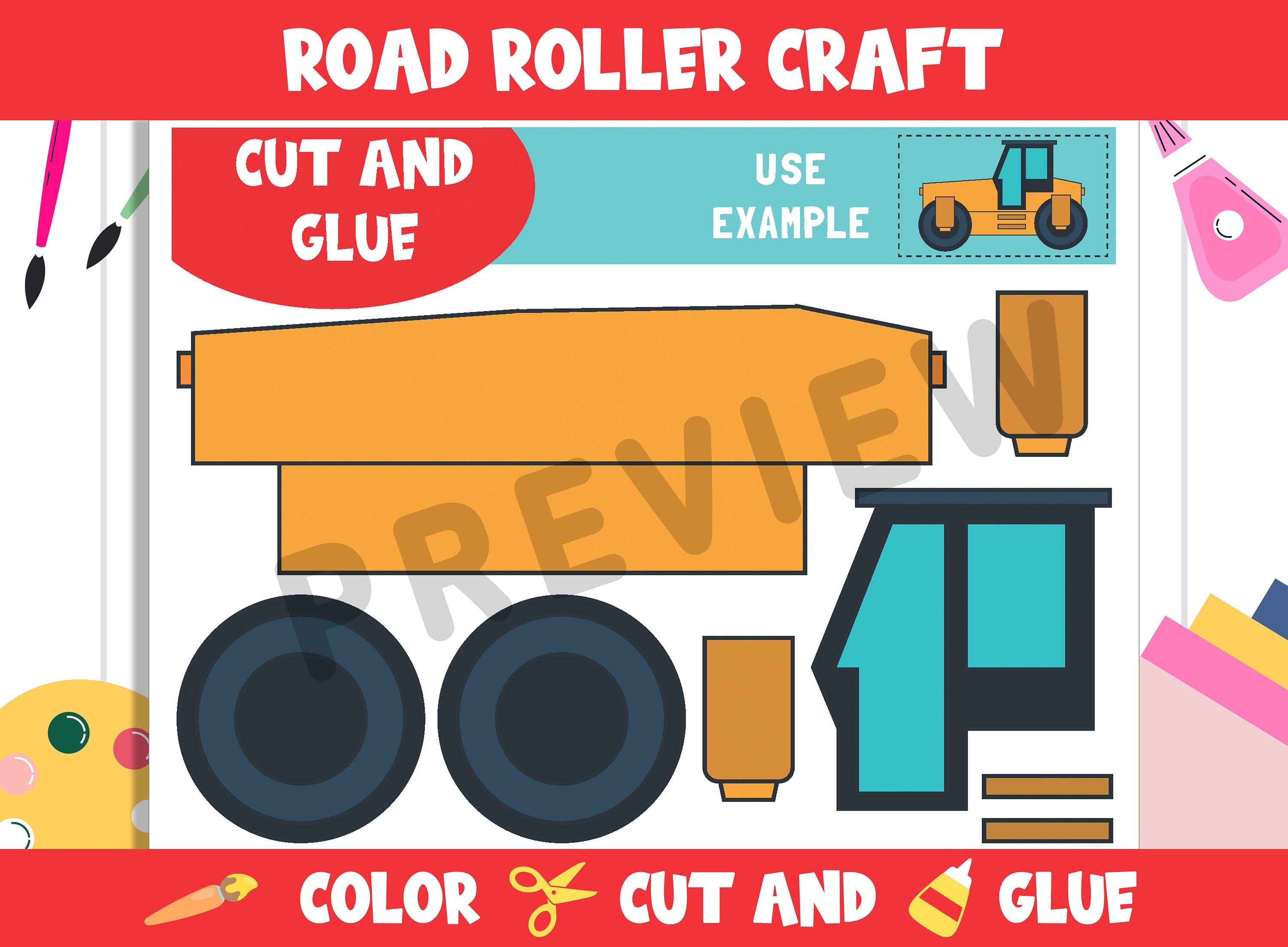 Road Roller Craft Activity - Color, Cut, and Glue for Prek to 2nd Grade ...