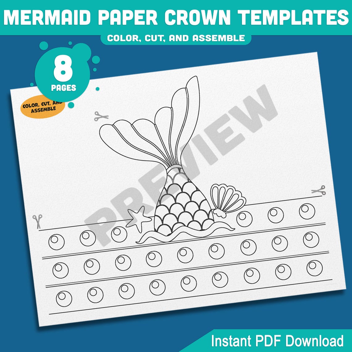 Mermaid Paper Crown Templates – Printable Headband Craft for Kids With ...