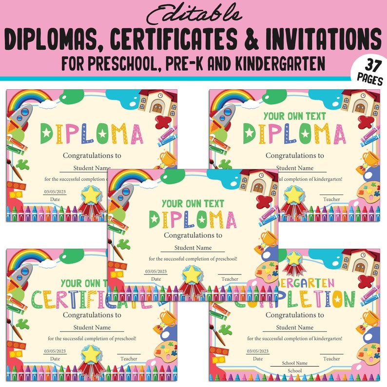Editable Preschool, Pre-k, and Kindergarten Diplomas, Certificates, and ...
