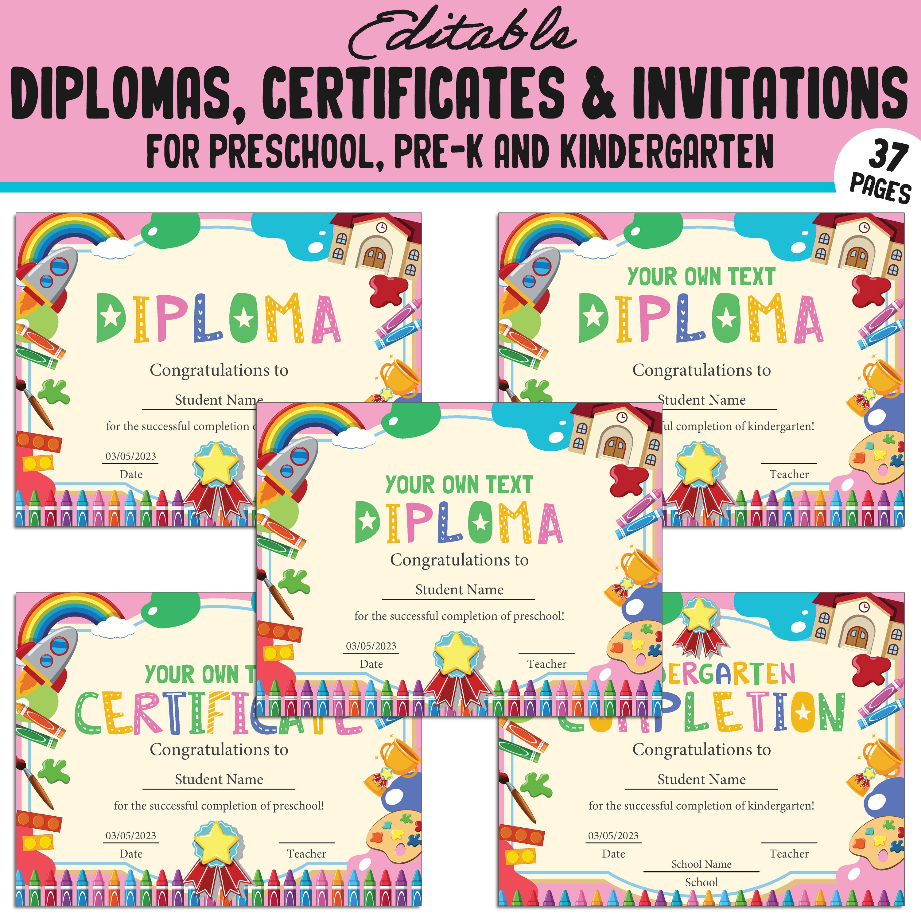 Editable Preschool, Pre-k, and Kindergarten Diplomas, Certificates, and ...