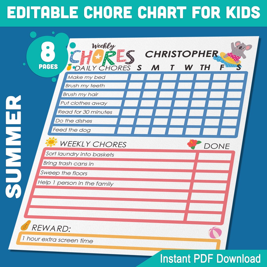Animal Summer Vacation Chore Chart for Kids: Printable/editable ...