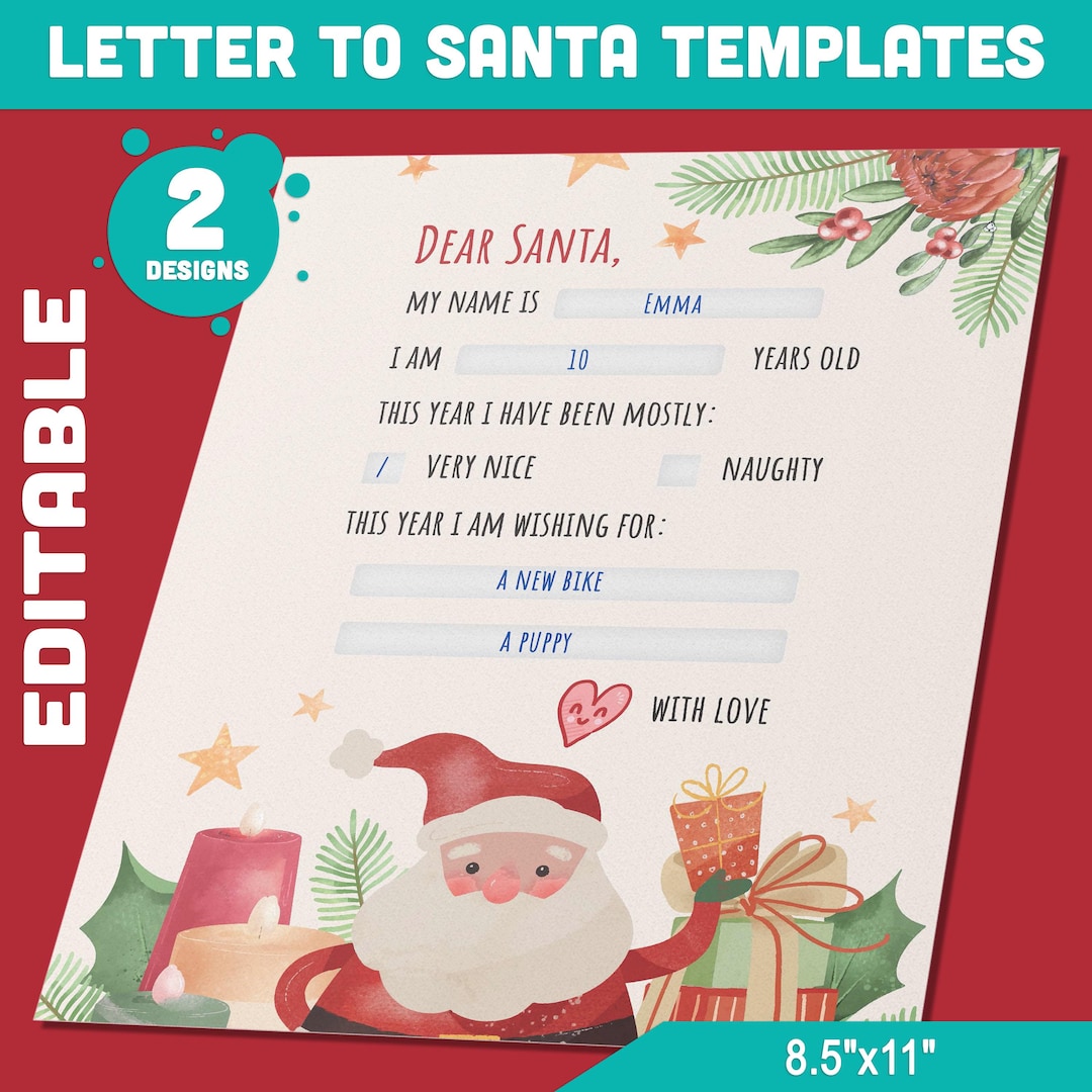 Dear Santa Wishes: Fillable & Blank Letter Templates for Festive Dreams ...