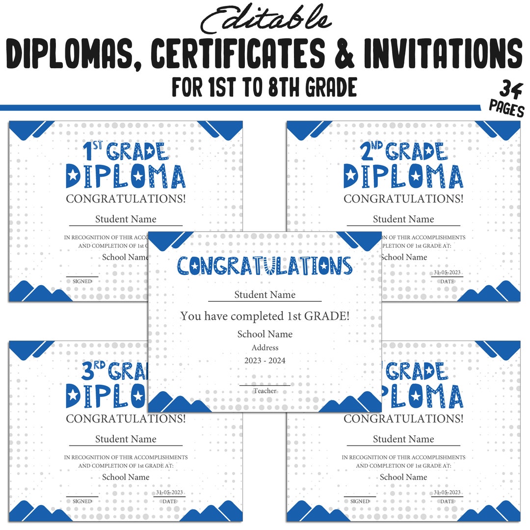 34 First Grade Achievement Diplomas, 1st-8th Grade Certificates, and ...