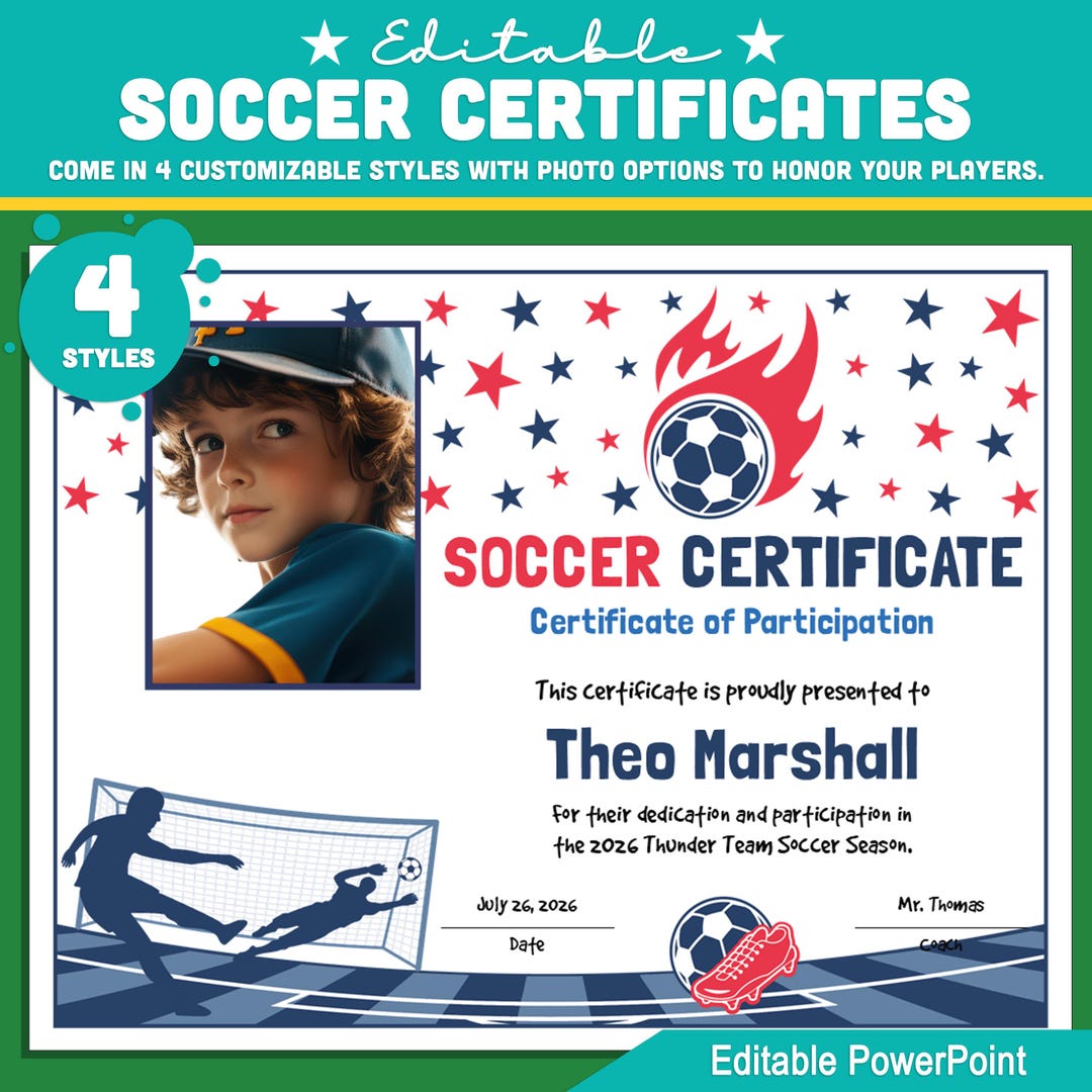 Editable Soccer Certificates - 4 Styles & Photo Options for Team Awards ...