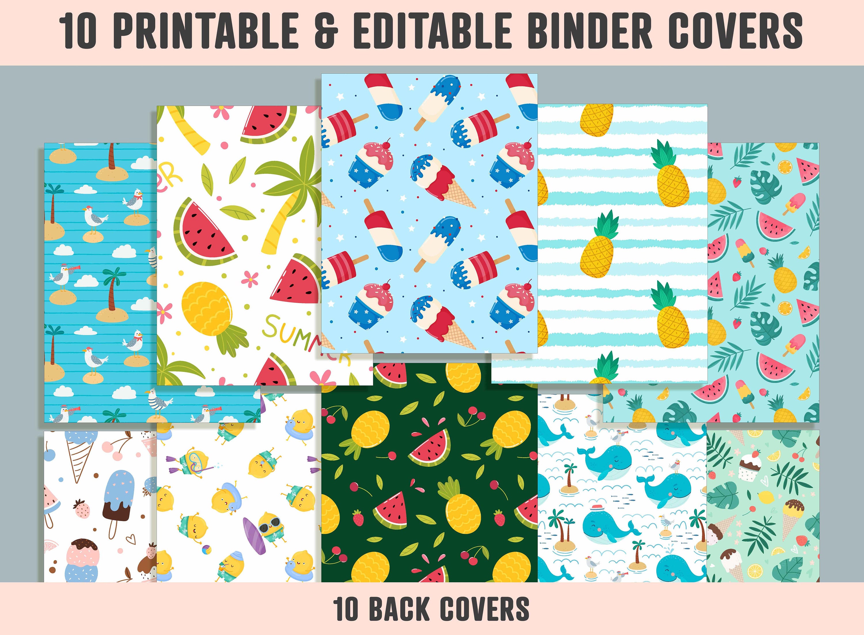 Summer Pattern Binder Cover, 10 Printable/editable Binder Covers ...