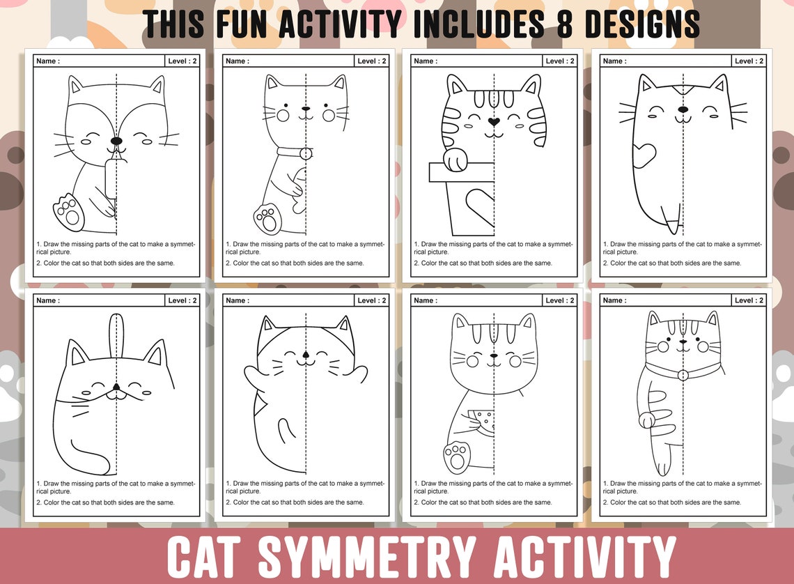 Cat Symmetry Worksheet, Kitten Theme Lines of Symmetry Activity, 24 ...