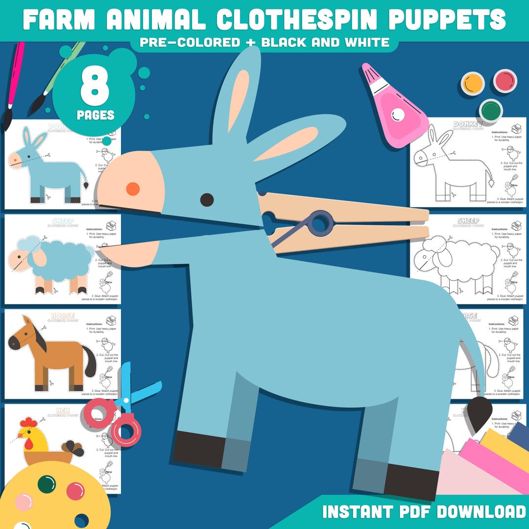 Farm Animal Clothespin Puppets for Kids: 8 Pages, 4 Unique Designs in ...