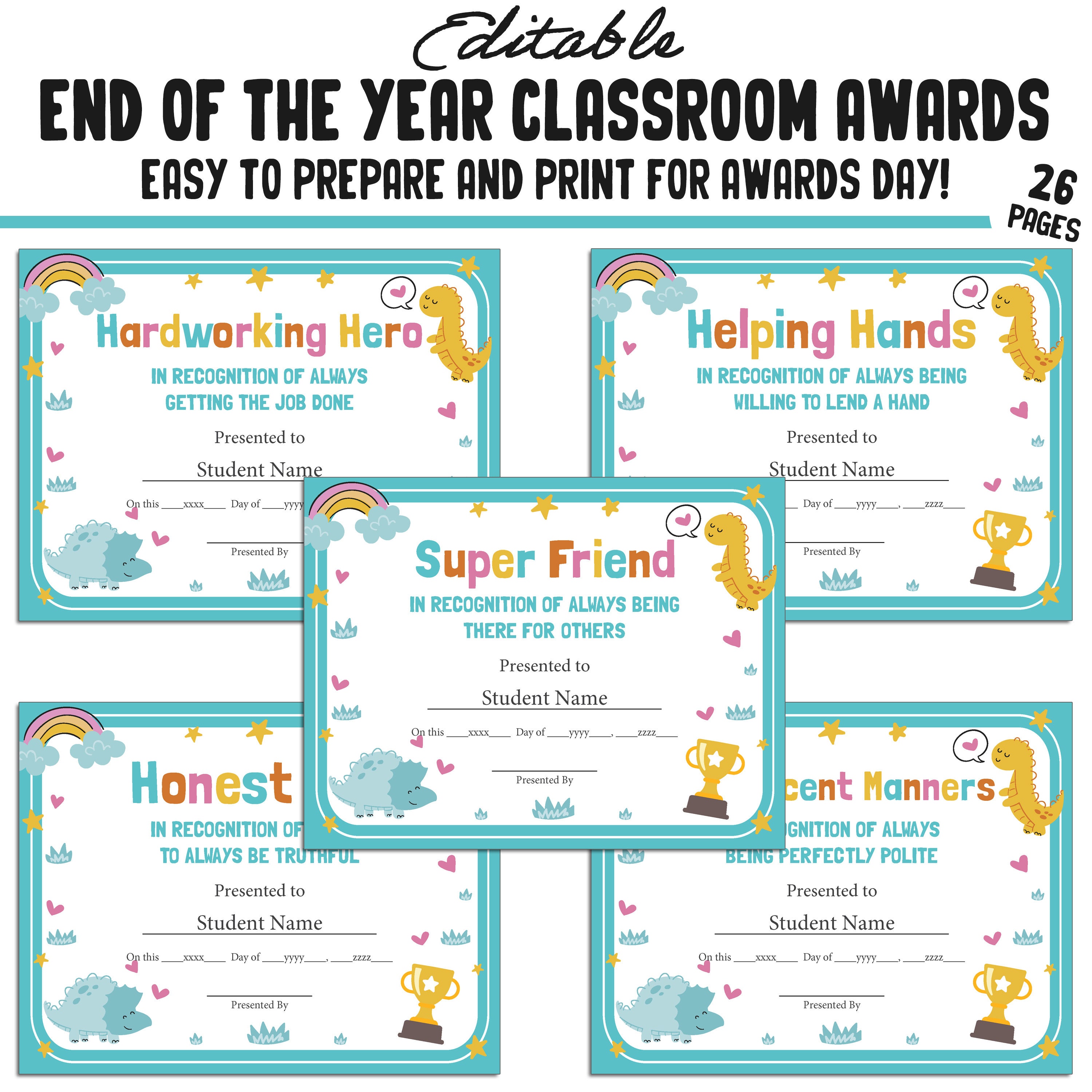 Editable End of Year Class Superlatives Awards Certificates 26-page PDF ...