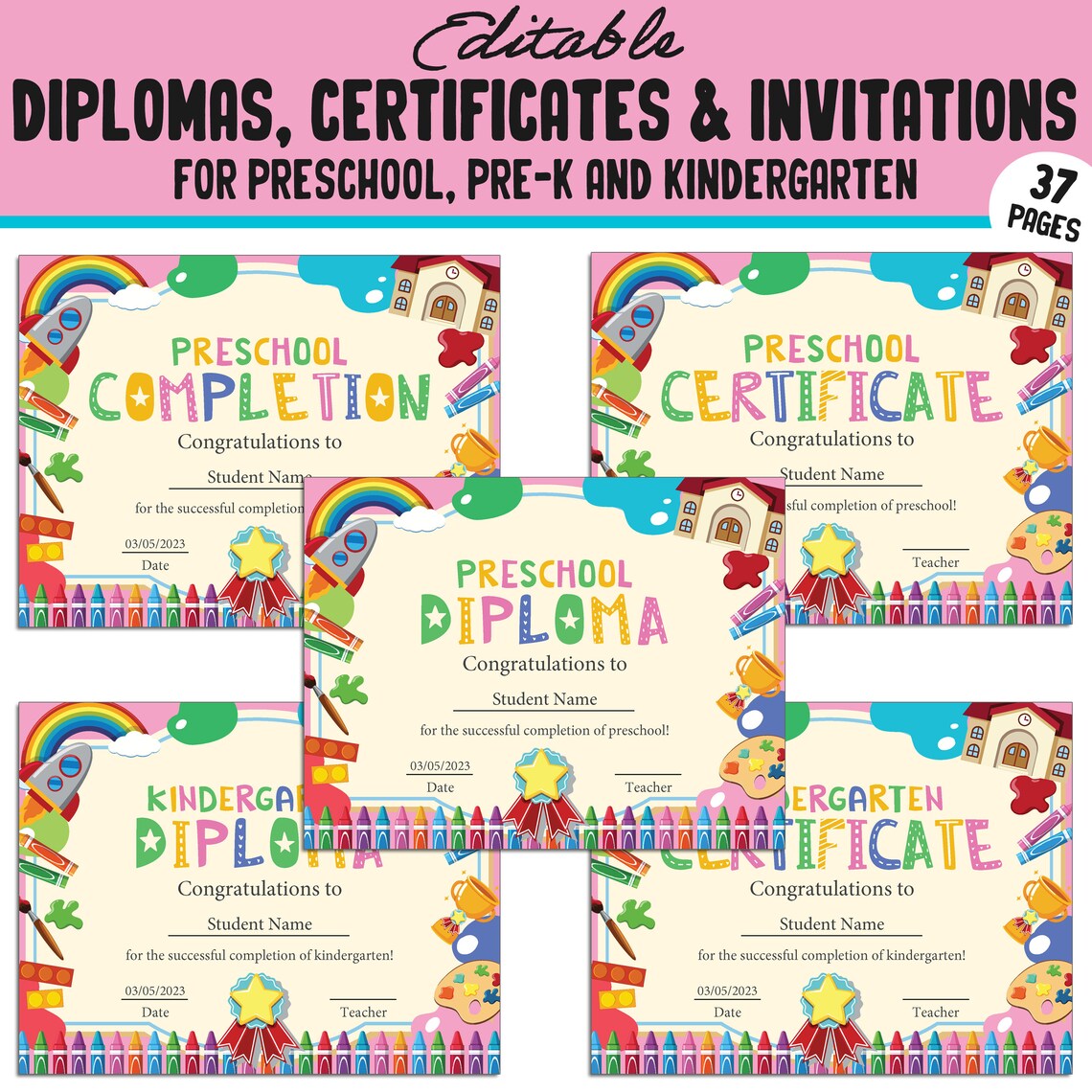 Editable Preschool, Pre-k, and Kindergarten Diplomas, Certificates, and ...