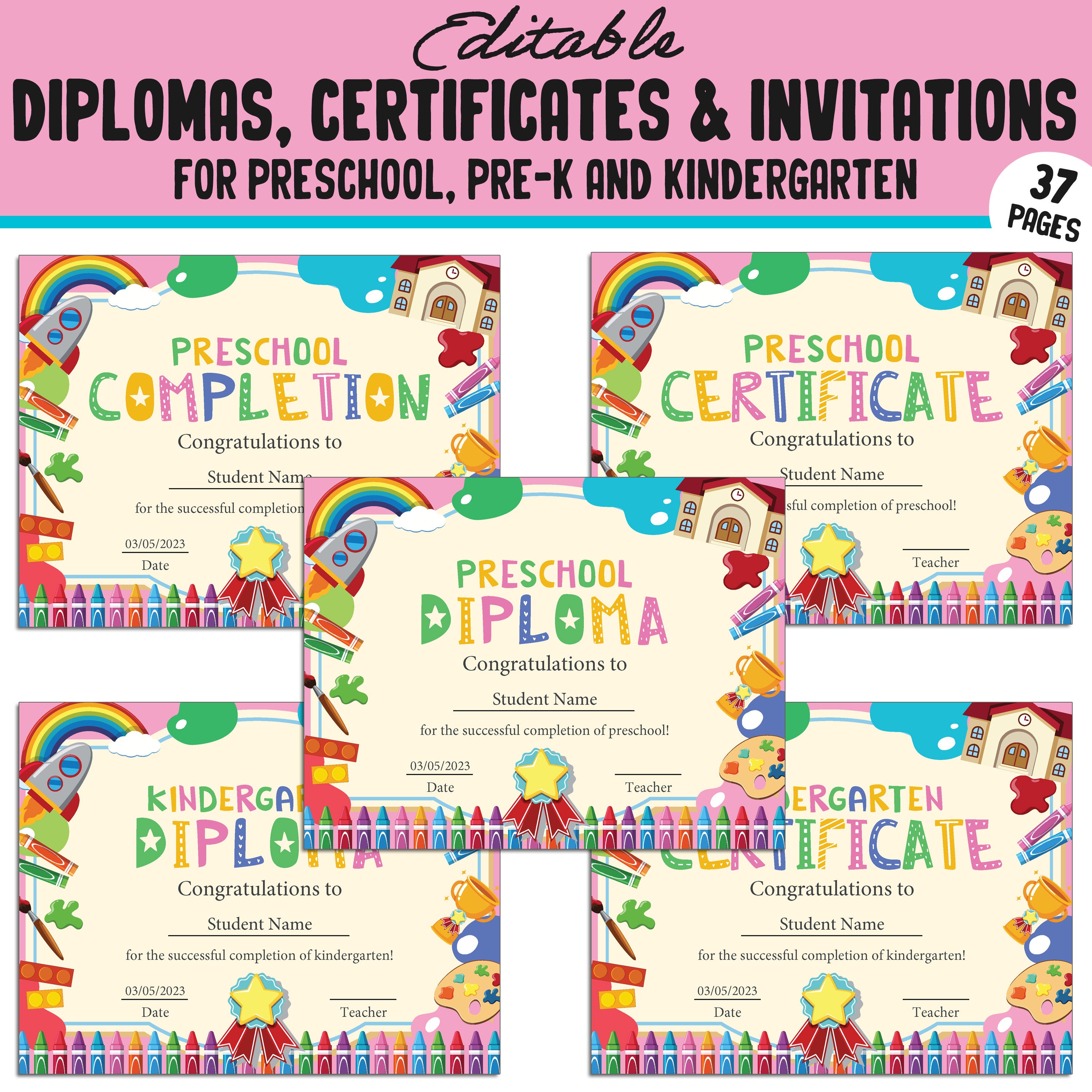 Editable Preschool, Pre-k, and Kindergarten Diplomas, Certificates, and ...