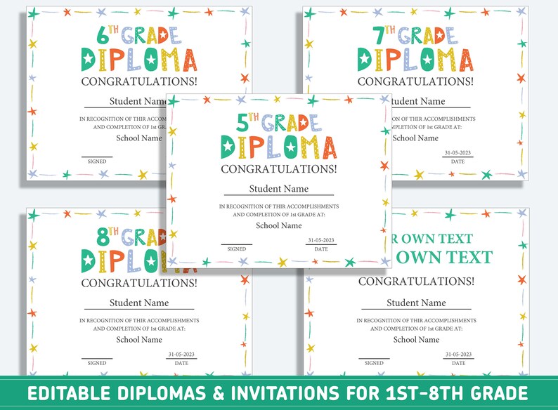 Editable 2nd Grade Awards, 1st to 8th Grade Diploma, Certificate of ...