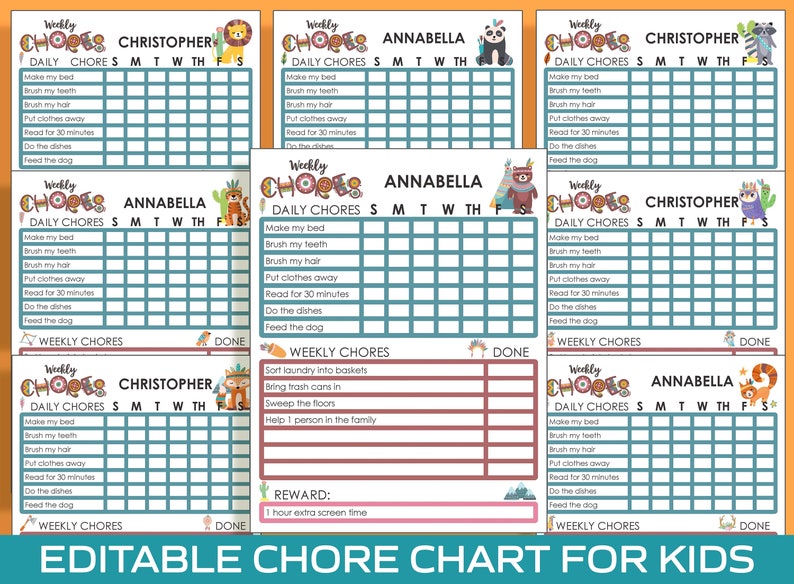 Tribal Animal Chore Chart for Kids: Printable and Editable ...