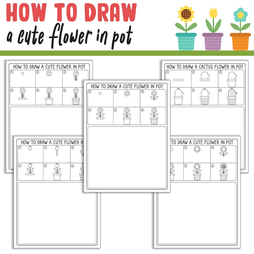 How to Draw a Cute Flower & Cactus in Pot, Directed Drawing Step by ...