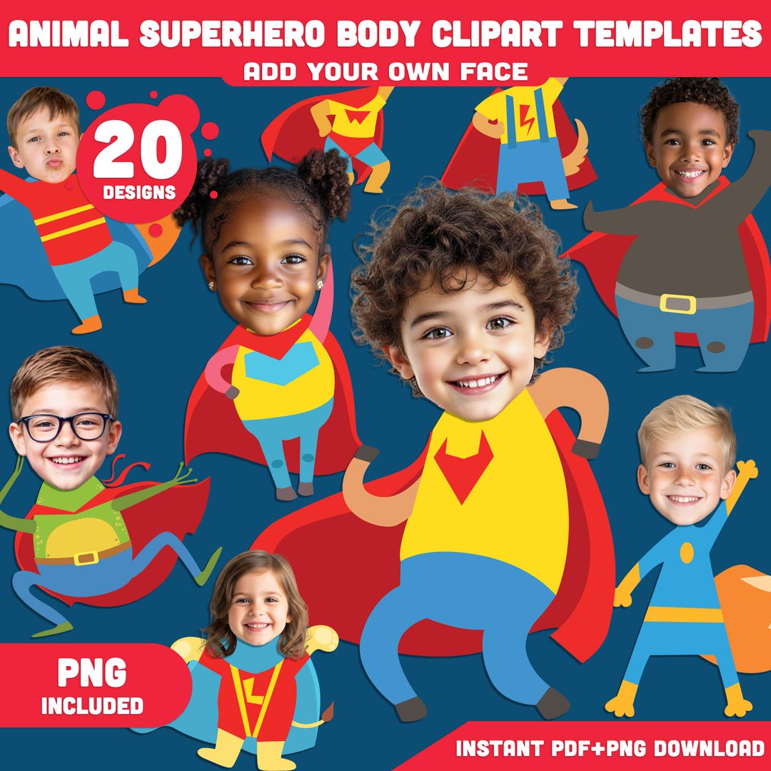 Animal Superhero Body Clipart Templates – DIY Craft! Add Your Face to ...